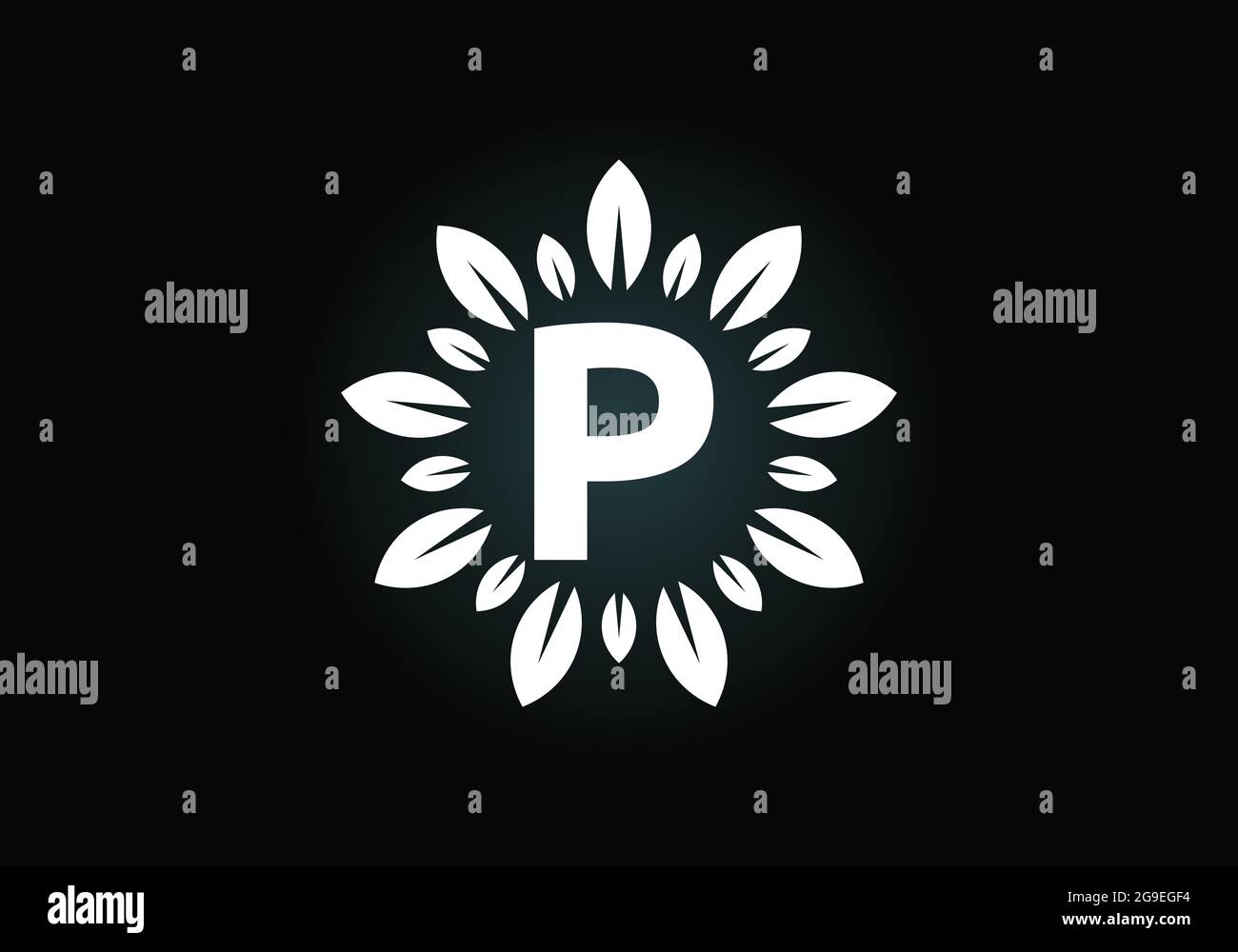 Initial P monogram letter alphabet with leaf wreath. Green leaf, flower ...