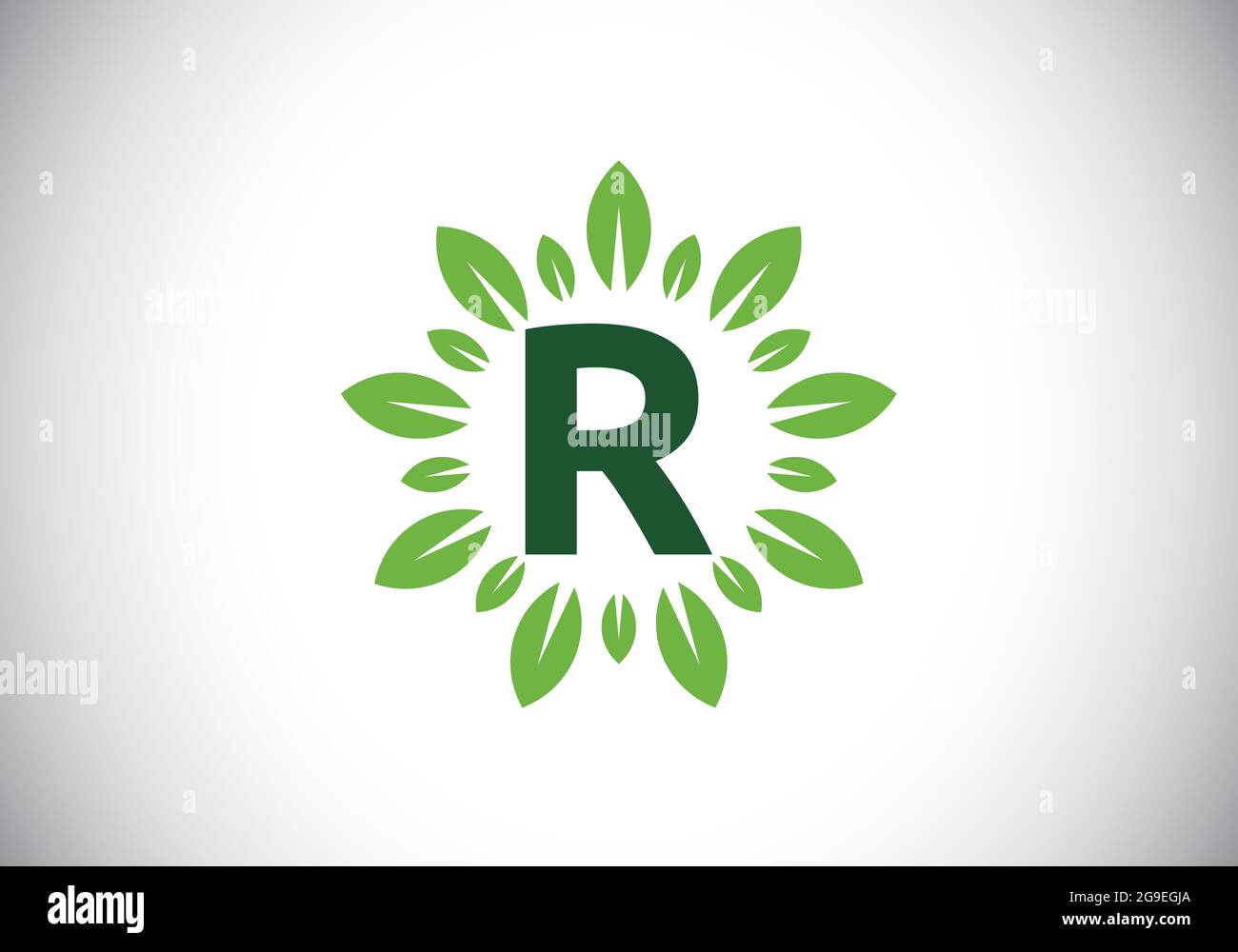 Initial R monogram letter alphabet with leaf wreath. Green leaf, flower ...