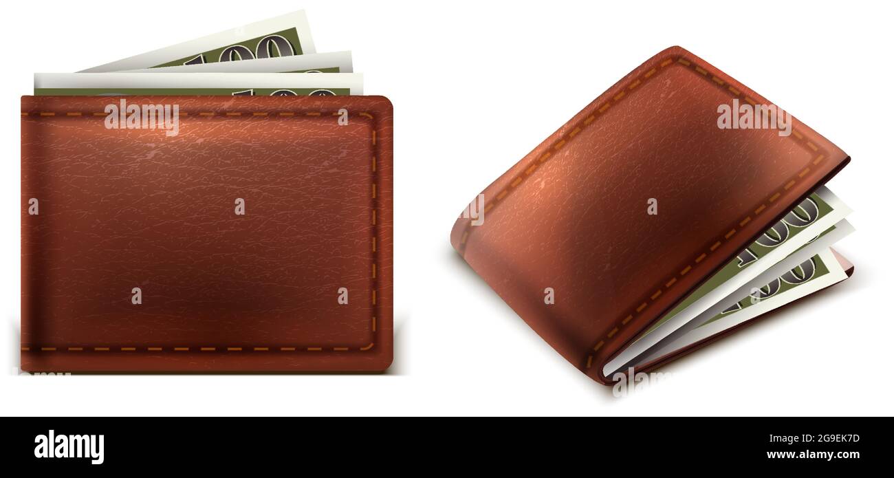 3d realistic vector leather wallet with cash of money inside in side ...