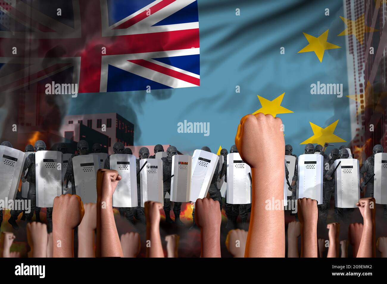 Protest in Tuvalu - police officers stand against the angry crowd on ...