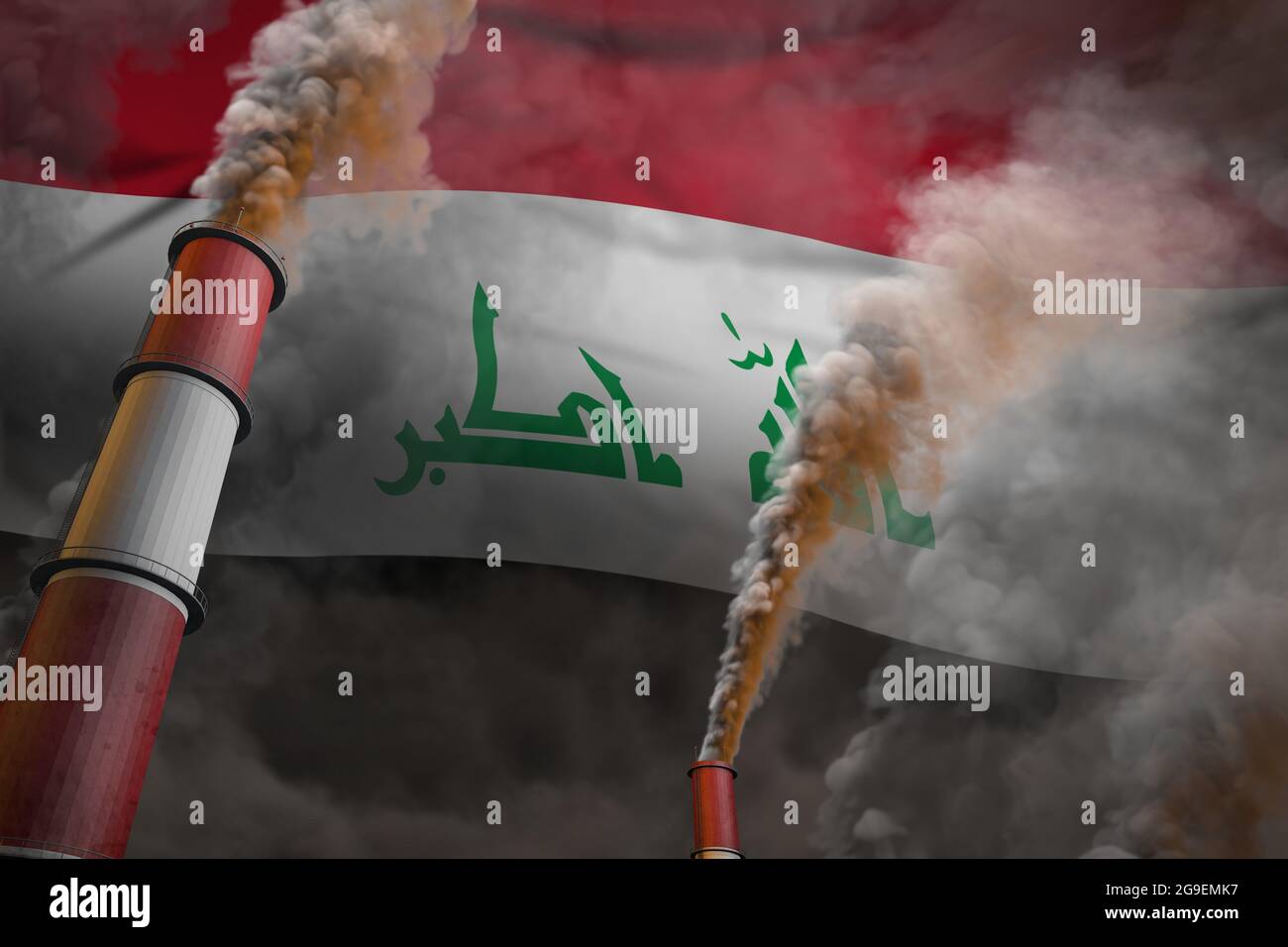 Iraq pollution fight concept - two huge industry chimneys with heavy ...