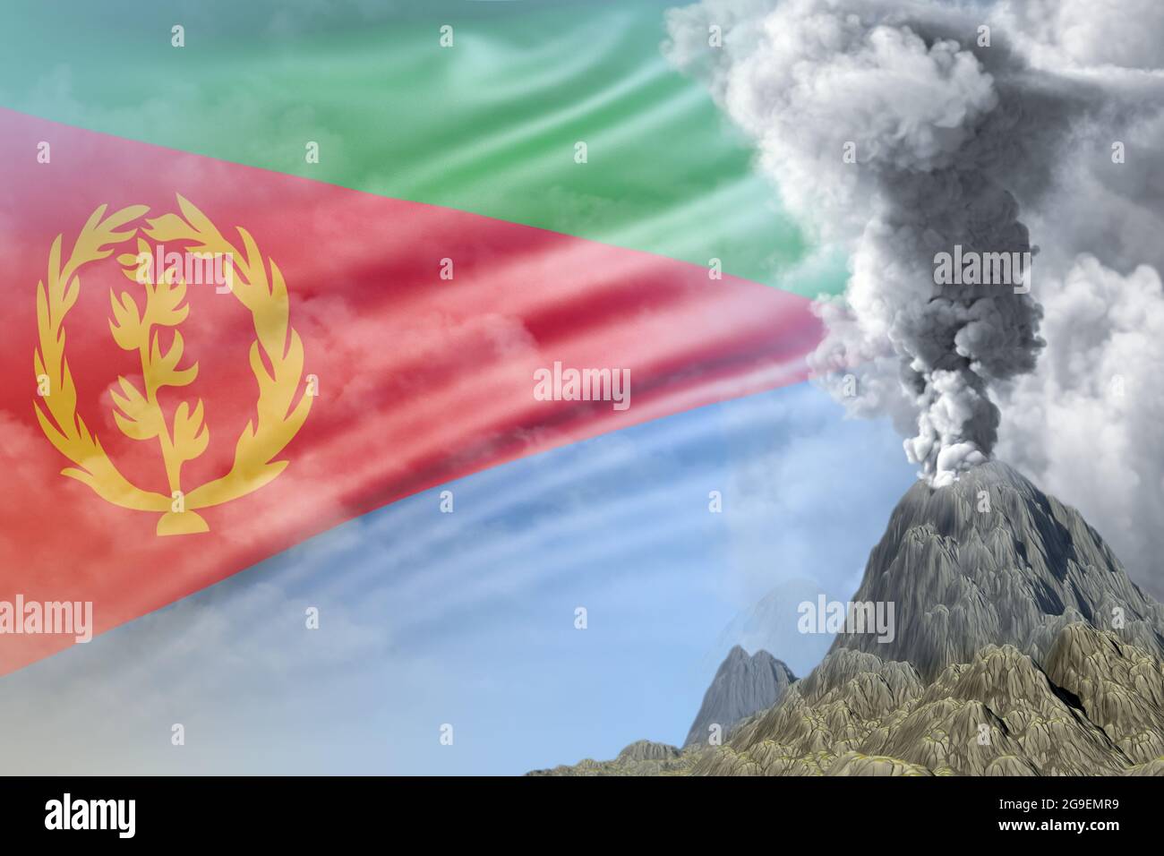 volcano blast eruption at day time with white smoke on Eritrea flag ...