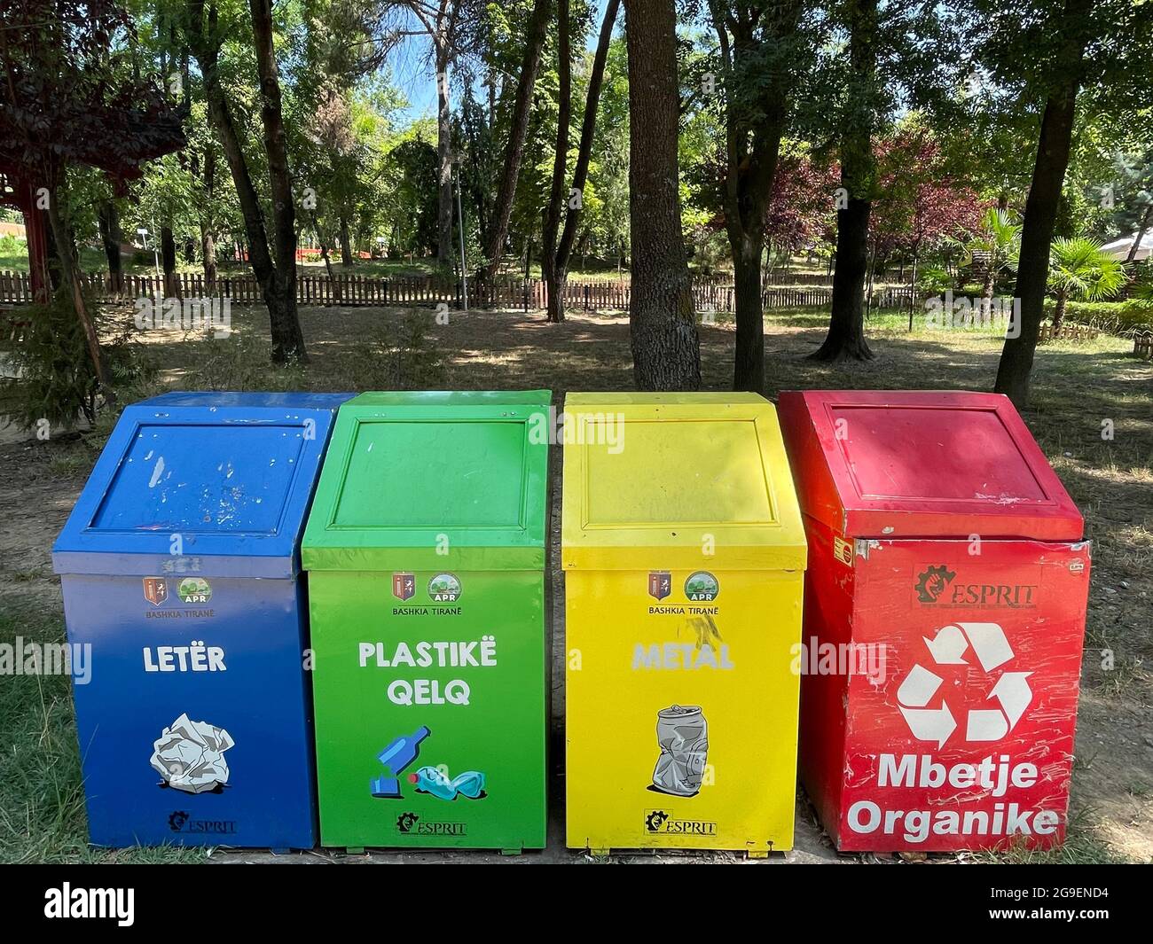 Colorful Recycle Bins In The Park. Save the planet concept Stock Photo ...