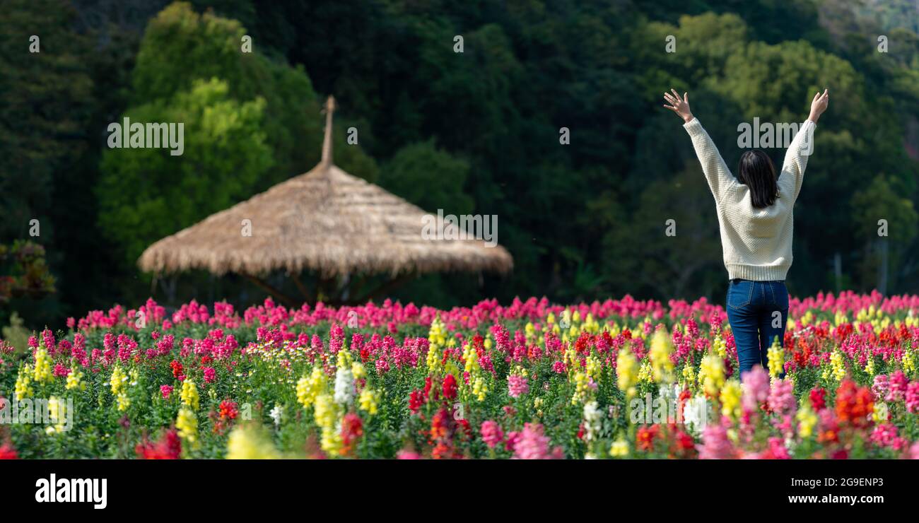 Beautiful asian woman relax in flower field.beautiful in nature Stock ...