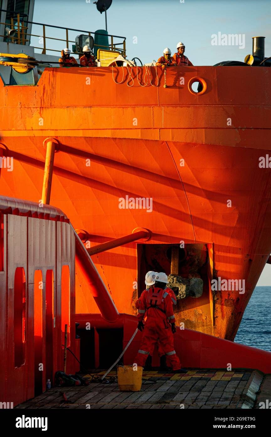 KEMAMAN,TERENGGANU - 12 April 2016, Marine crew commencing anchor job operation fon vessel deck ...
