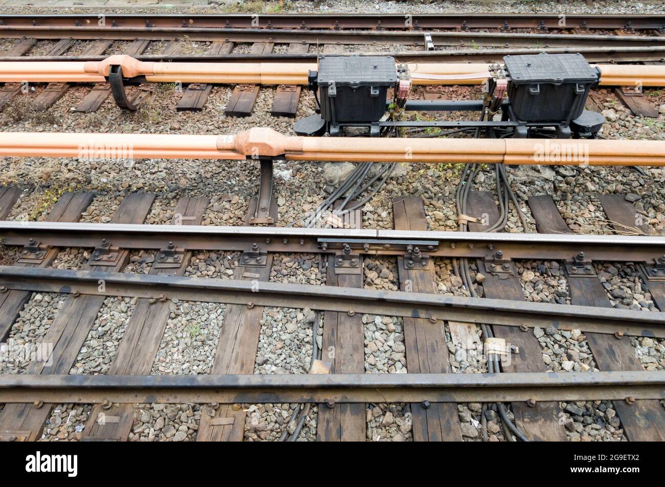 Railroad tracks subway on the bridge in the open air. Railway, rails in ...