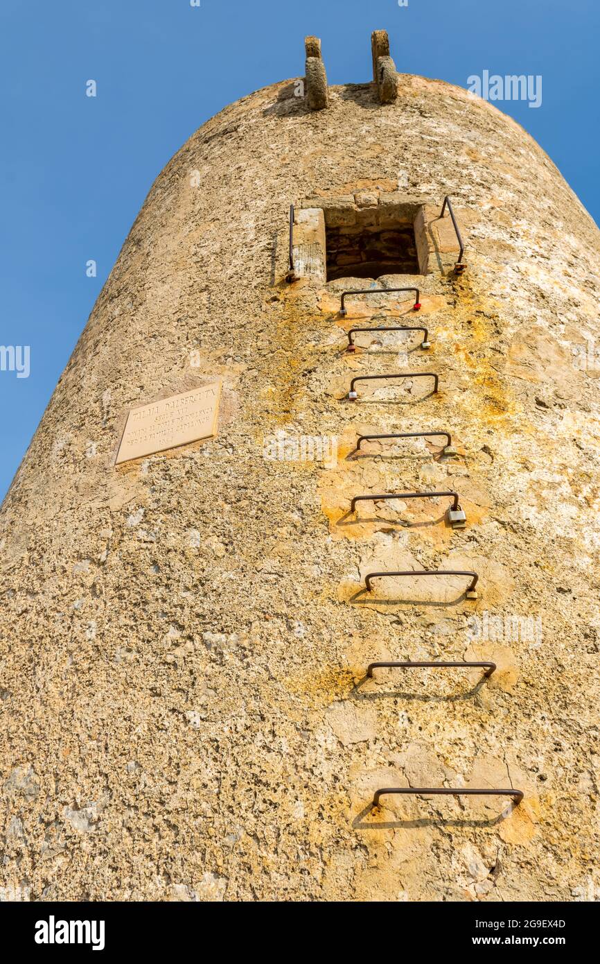 Low angle of Albercutx Watchtower tower in Balearic Islands, Spain on a ...
