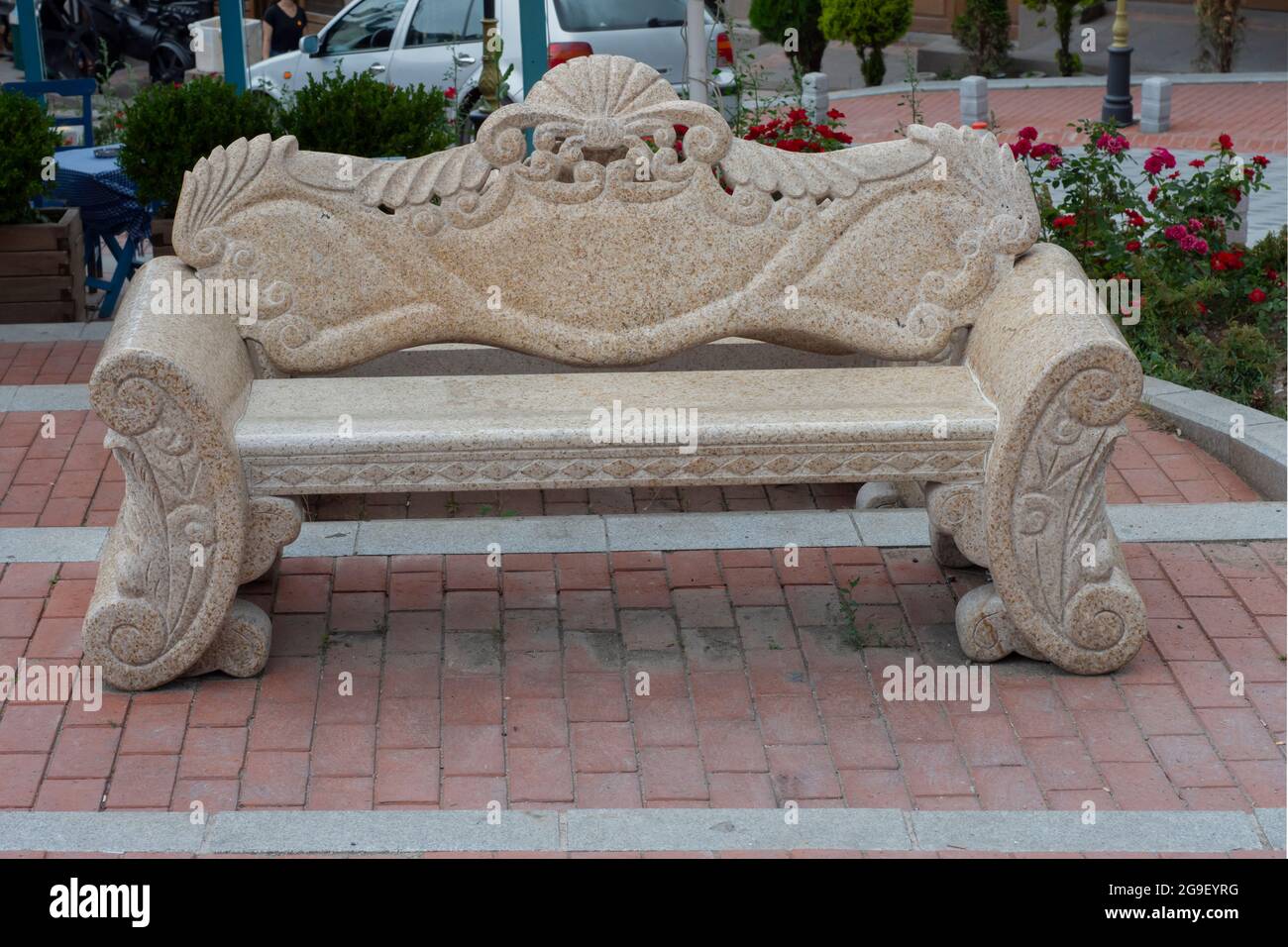Stone bench that draws attention with its original design Stock Photo ...