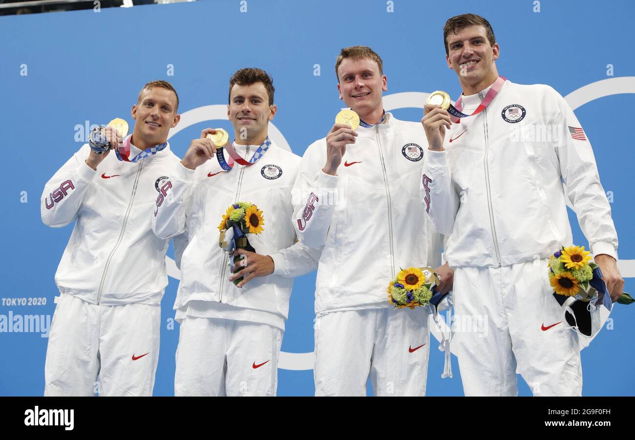 U.S. swimmers Caeleb Dressel, Blake Pieroni, Bowen Becker and Zach ...