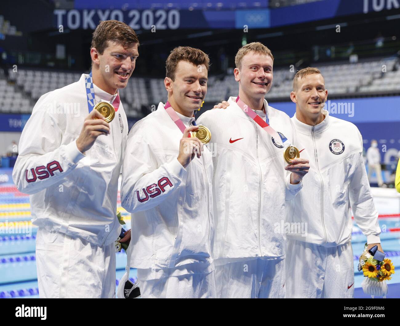 U.S. swimmers Caeleb Dressel, Blake Pieroni, Bowen Becker and Zach ...
