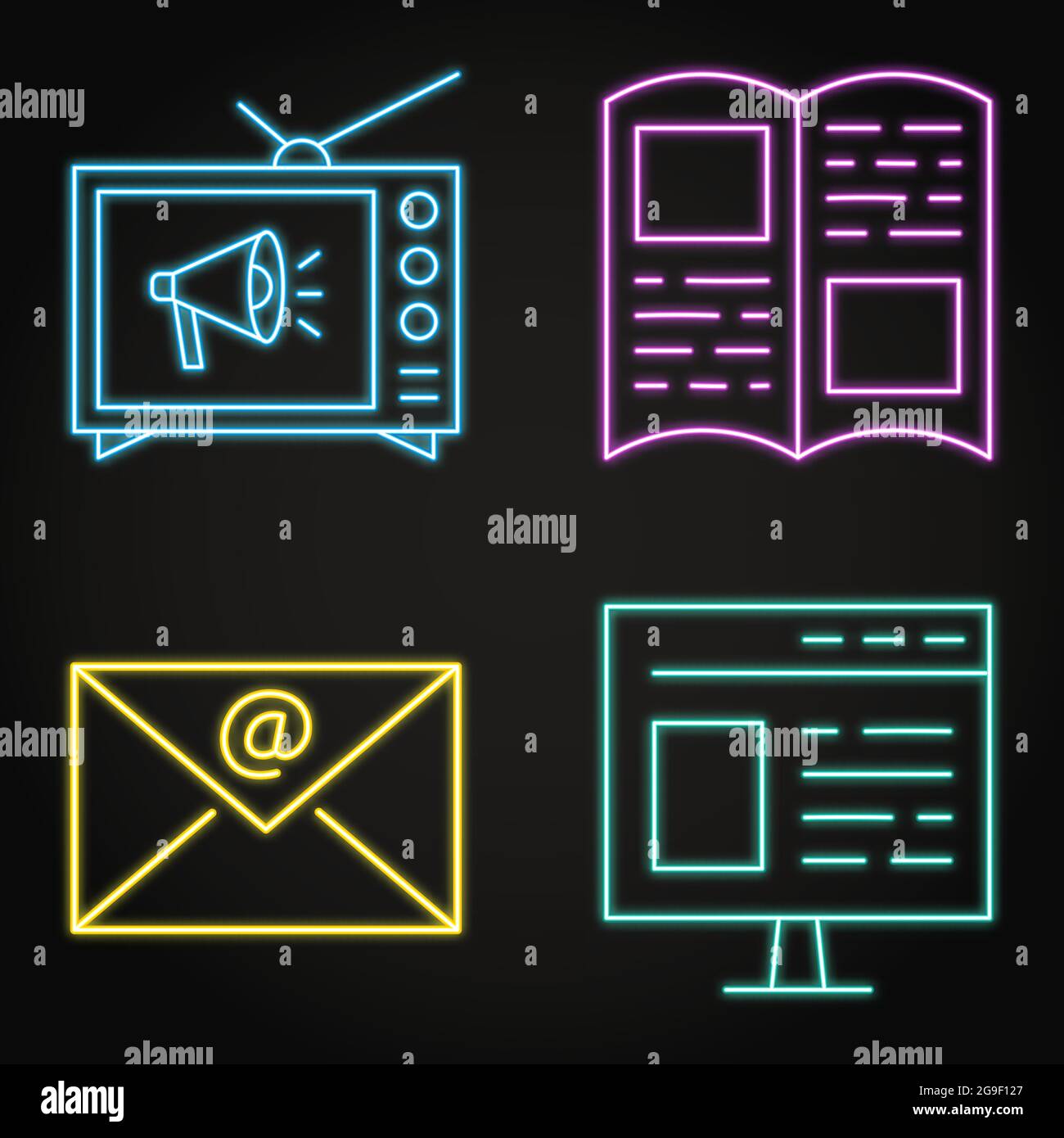 Neon advertising methods icon set in line style. TV advertisement ...