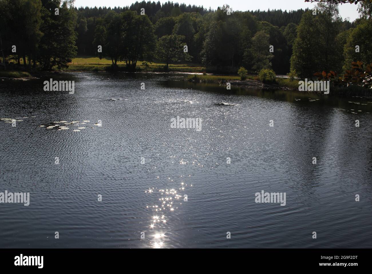 Sun reflection on lake at Thorskog castle in Sweden Stock Photo - Alamy