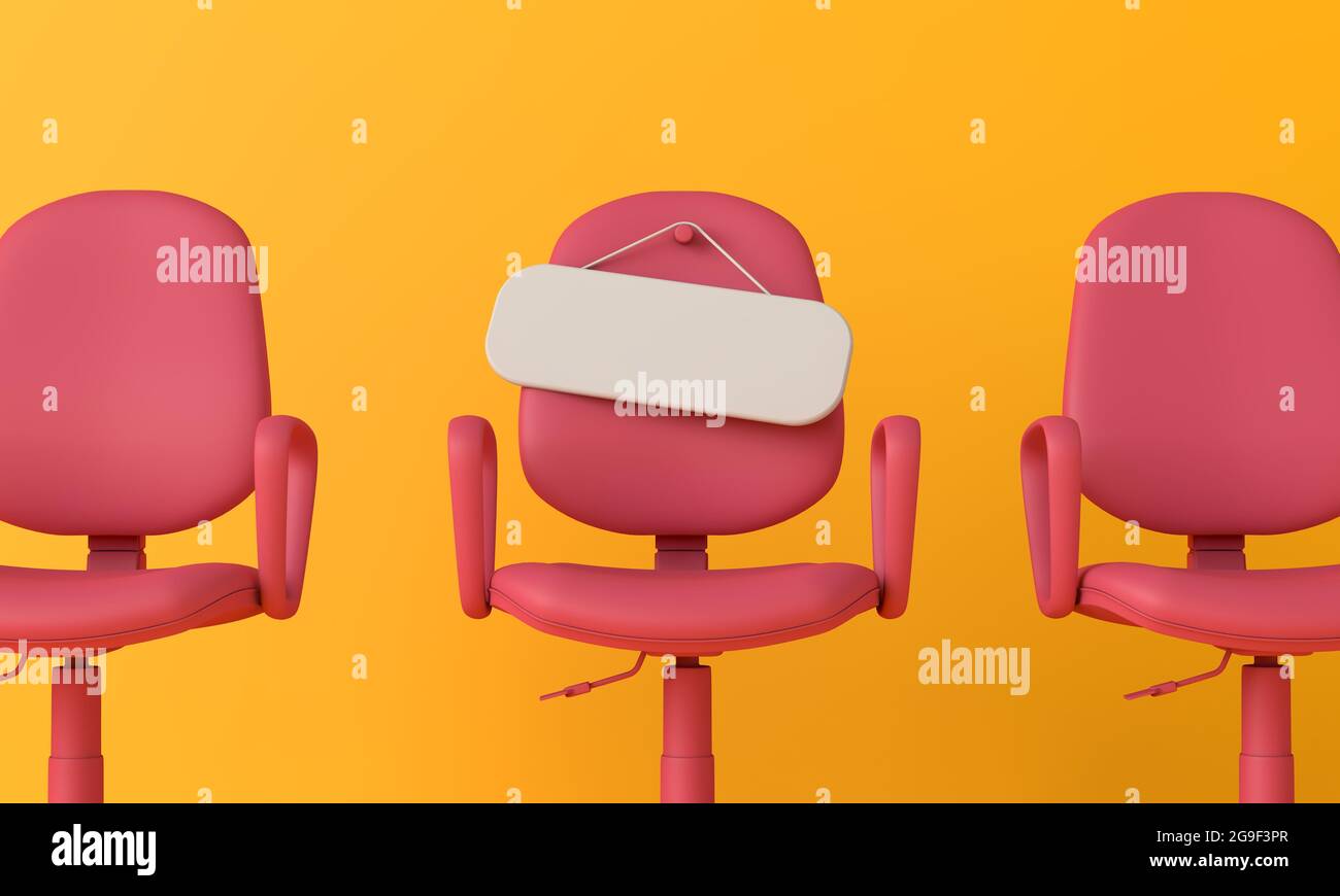 Blank sign on an empty chair. Hiring new job vacancy concept. 3D ...