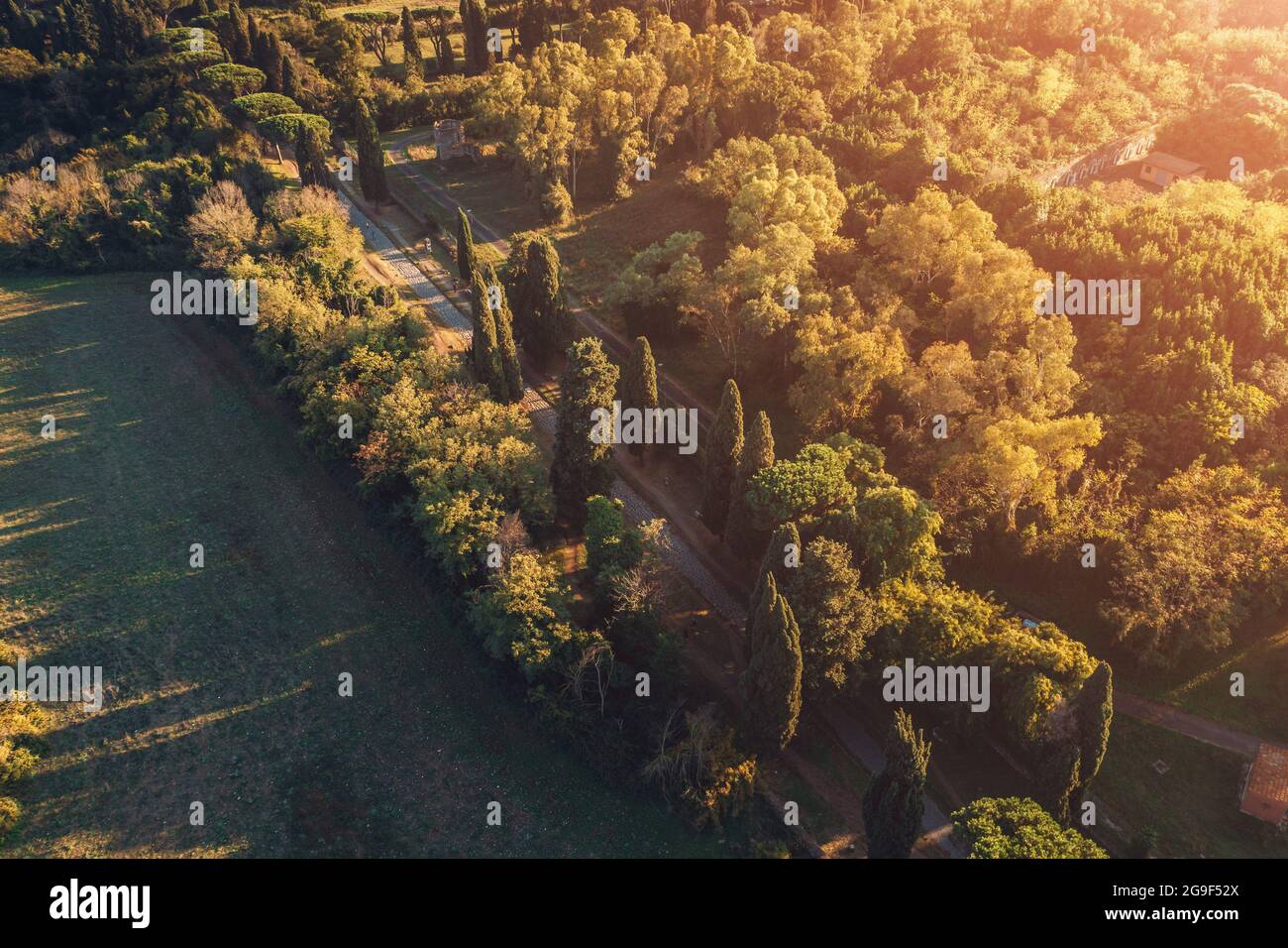 Via Appia Antica ancient stone road in Rome among green meadows and ...