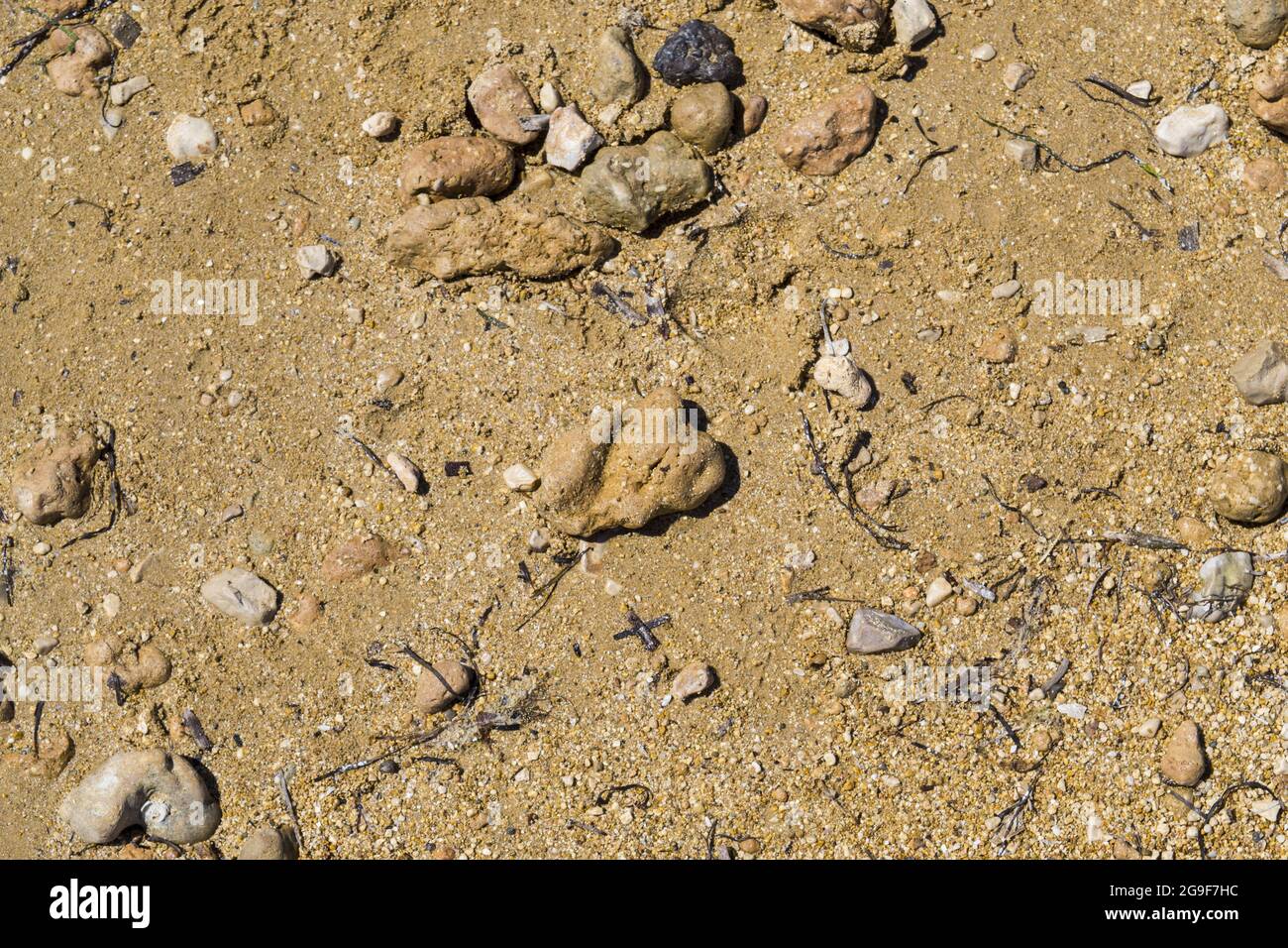 Top view closeup of random big and small stones mixed with the sand on ...