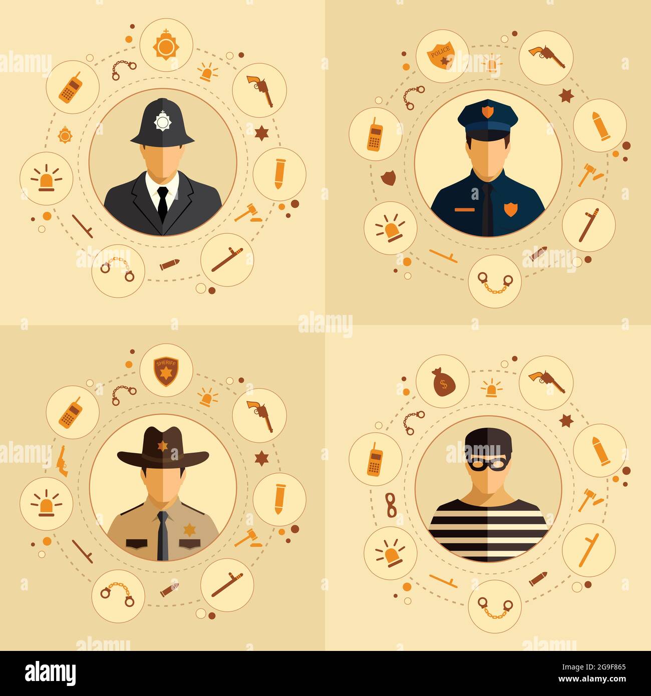 vector security icon, police, law, crime badge set illustration Stock ...