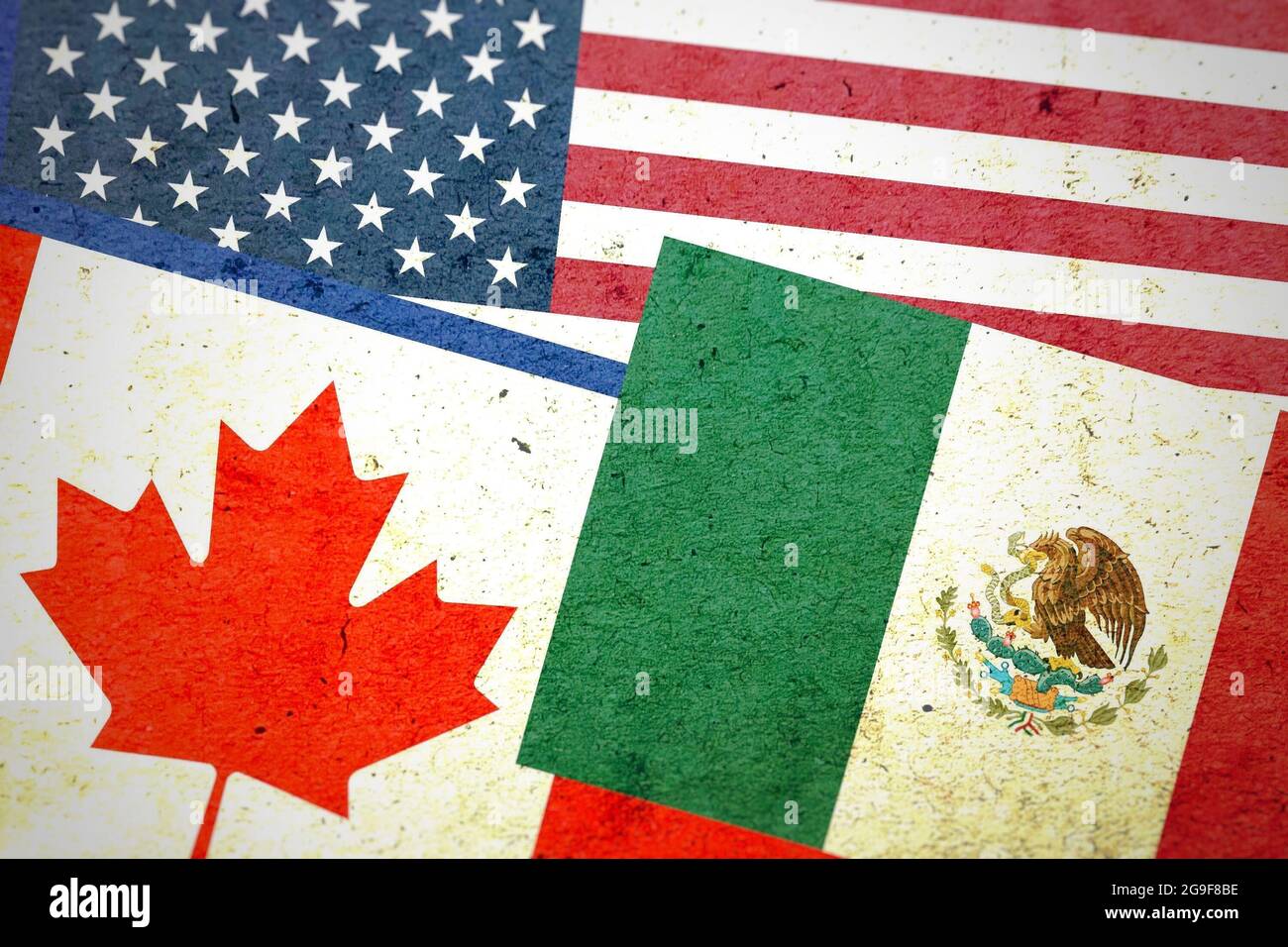 3d rendering of flags of the US, Canada, and Mexico together as a ...
