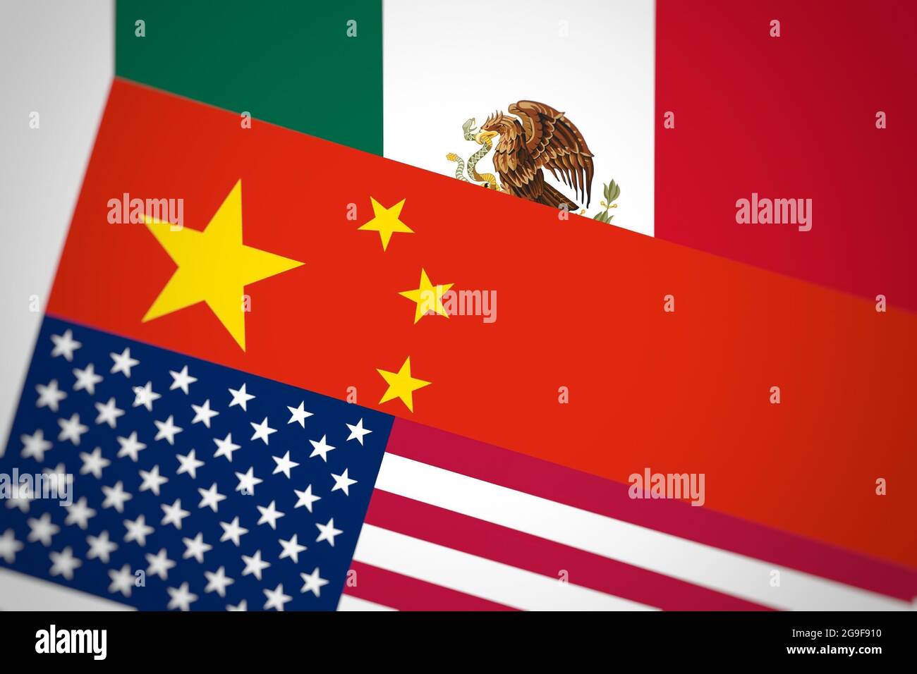 3d rendering of flags of the US, China, and Mexico together Stock Photo ...