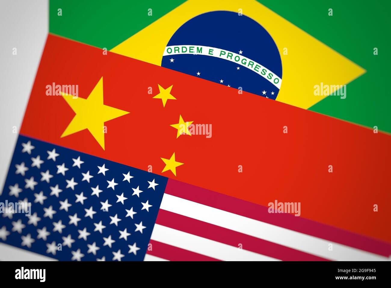 3d rendering of flags of the US, China, and Brazil together Stock Photo ...