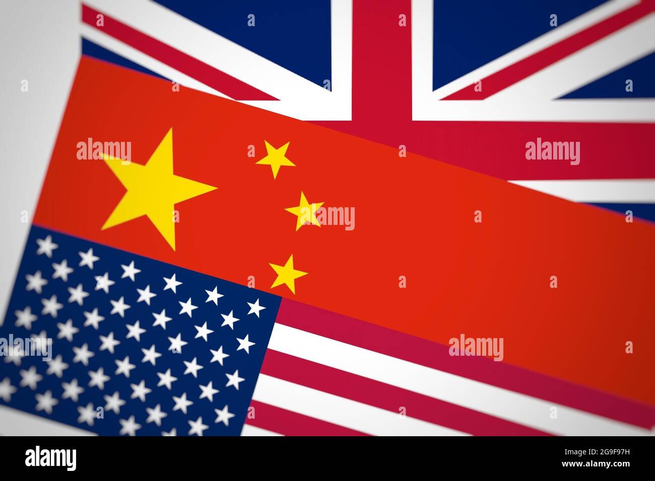3d rendering of flags of the US, China, and United Kingdom together ...