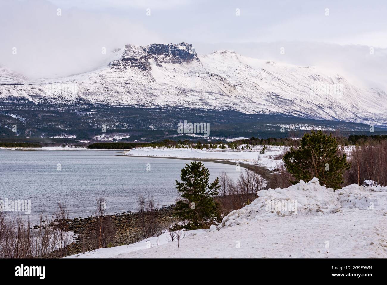 Beautiful view of the High snow mountains close to Tromso in February ...