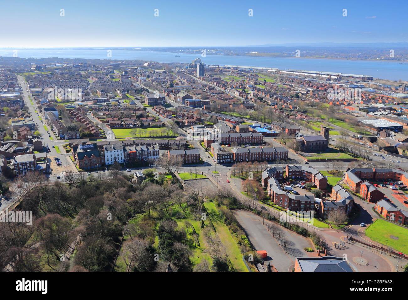 Liverpool residential neighborhoods aerial view. City in the United ...