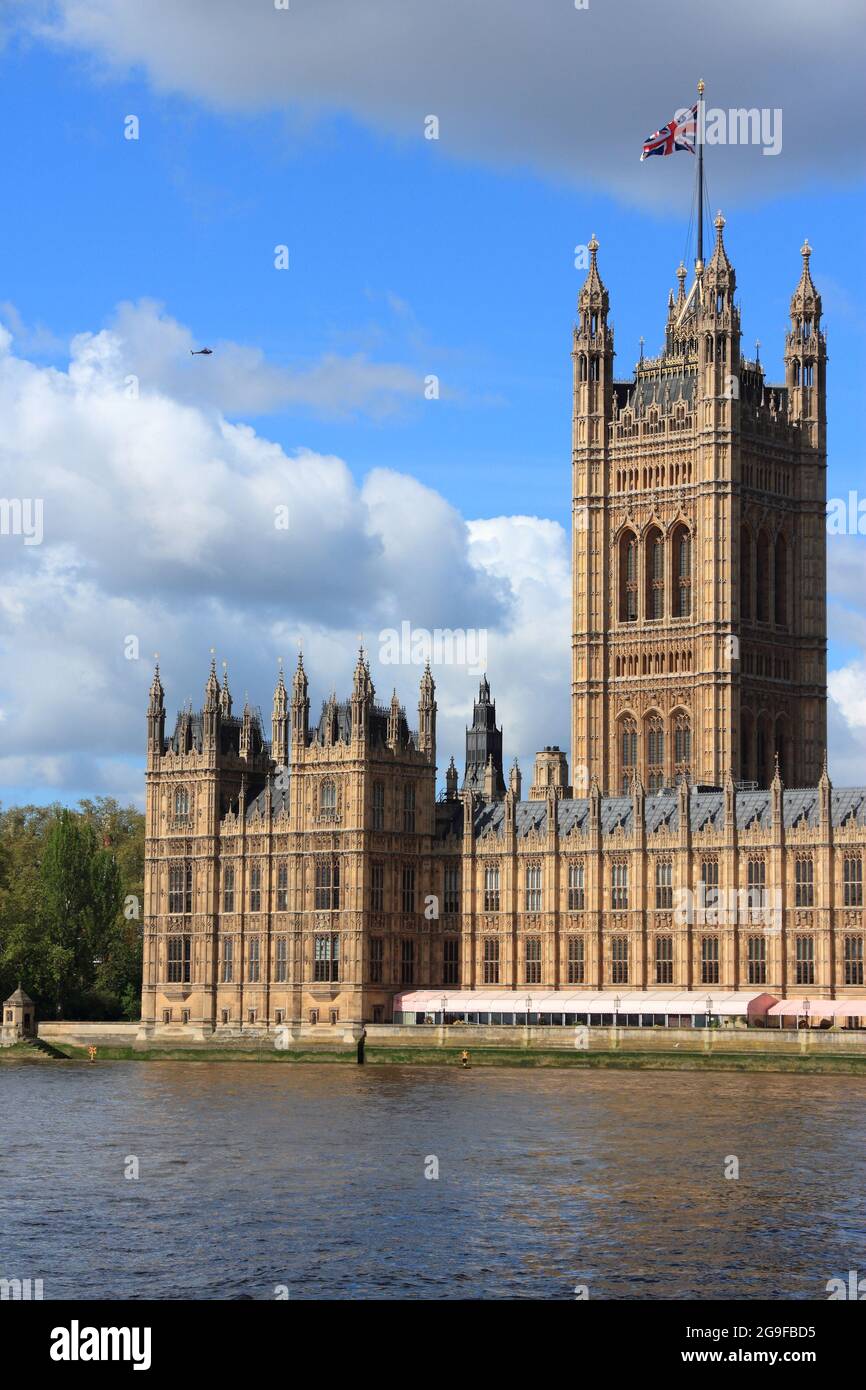 London UK - Palace of Westminster (Houses of Parliament) with Victoria Tower. UNESCO World ...
