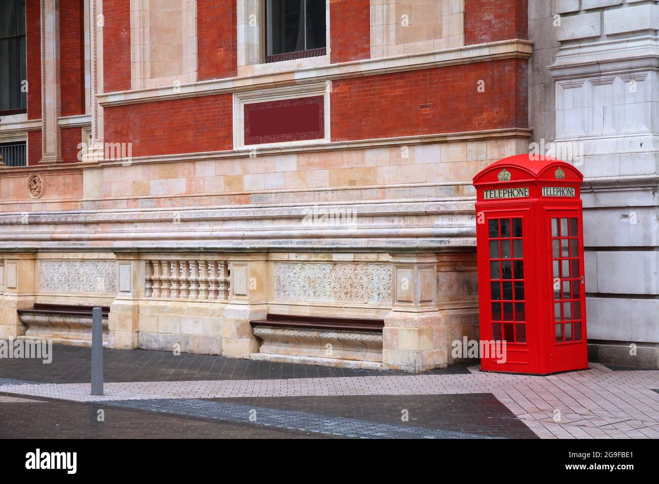 London telephone, UK. Architecture of Victoria and Albert Museum and a ...