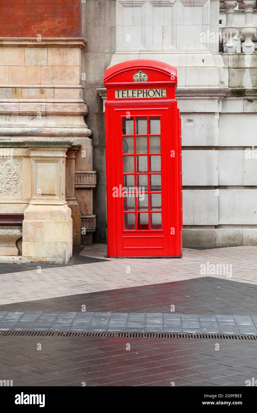 London telephone, UK. Architecture of Victoria and Albert Museum and a ...