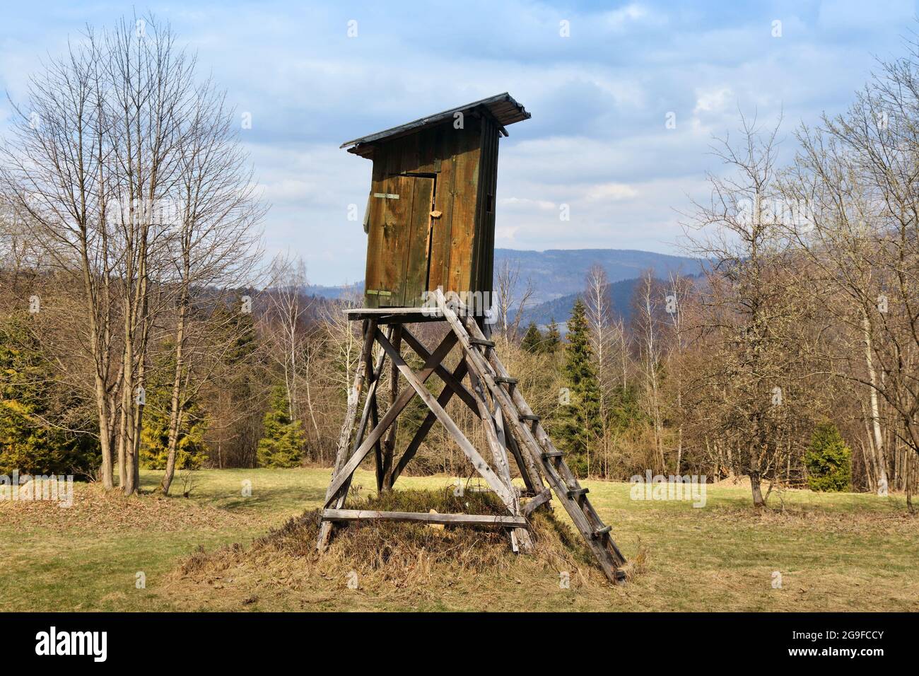 Hunting pulpit structure at a forest glade in Zywiec Beskids (Beskid ...