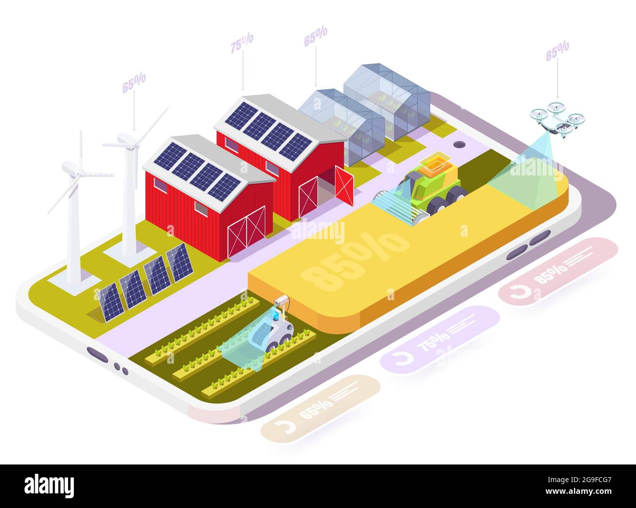 Smart farm in smartphone, vector isometric illustration. Wireless ...