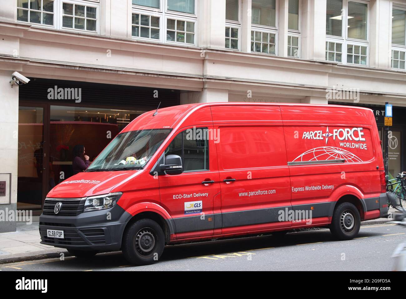 LONDON, UK - JULY 15, 2019: Parcelforce parcel delivery van Volkswagen ...