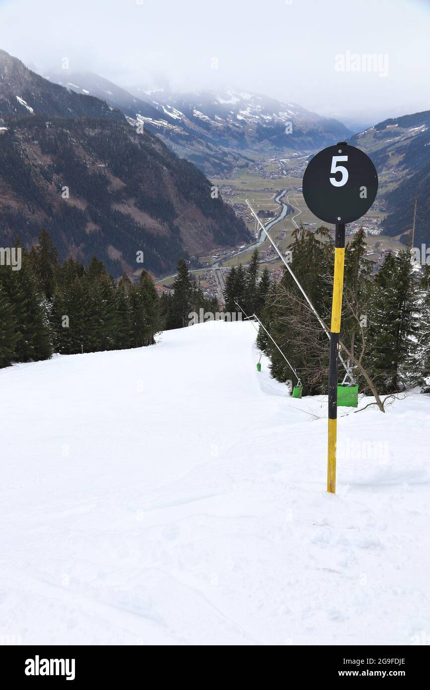 Black ski run in Austria. Ahorn mountain in Mayrhofen. High difficulty ...