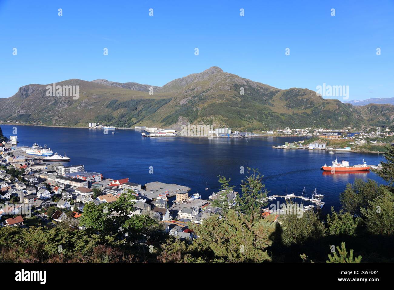 Norway town of Maloy (Vagsoy island). Fishing port in Vestland county ...