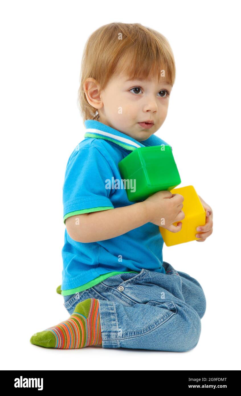 cute little boy with toy color cubes, isolated on white Stock Photo - Alamy