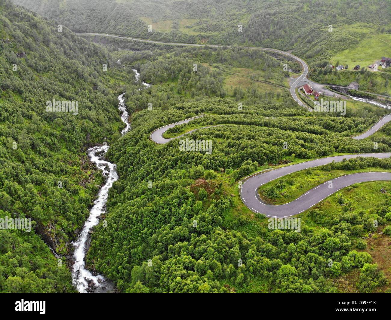 Norway road drone view. Old Austmannalia twisting mountain road in ...