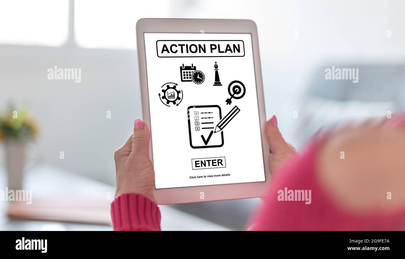 Tablet screen displaying an action plan concept Stock Photo - Alamy