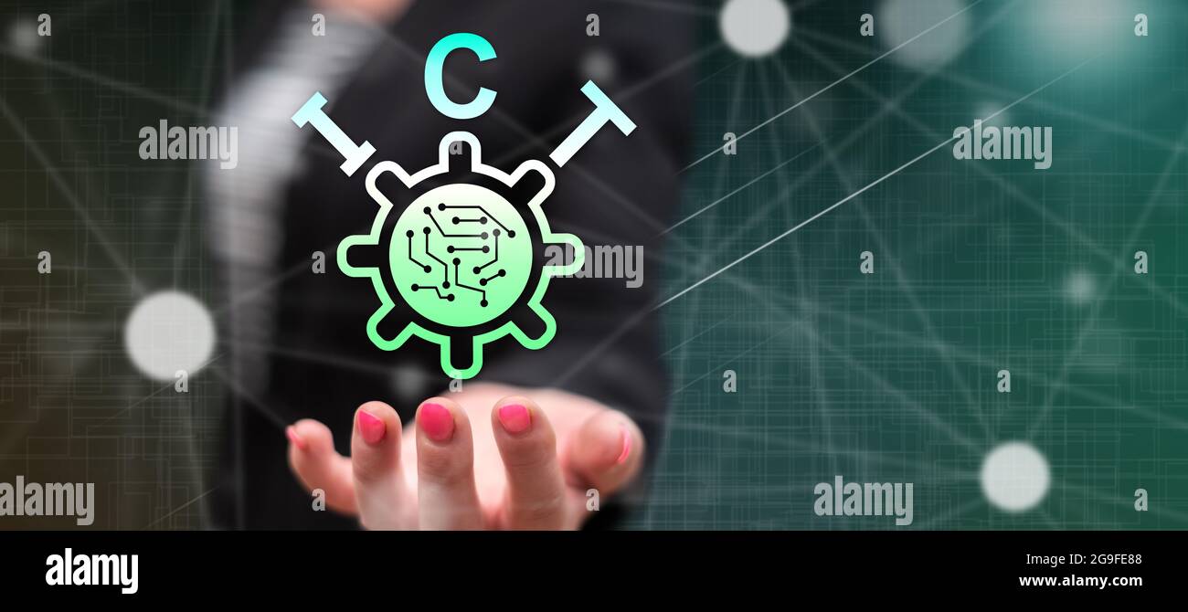 Ict concept above the hand of a woman in background Stock Photo - Alamy