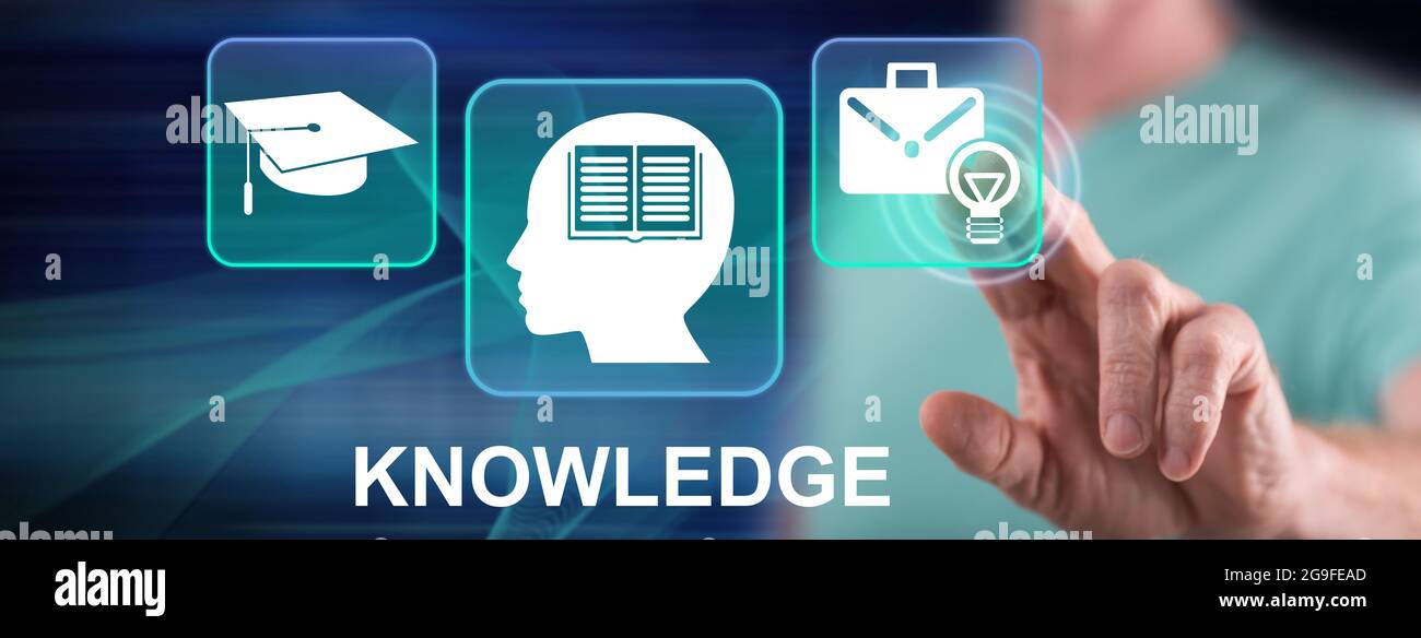 Man touching a knowledge concept on a touch screen with his finger ...
