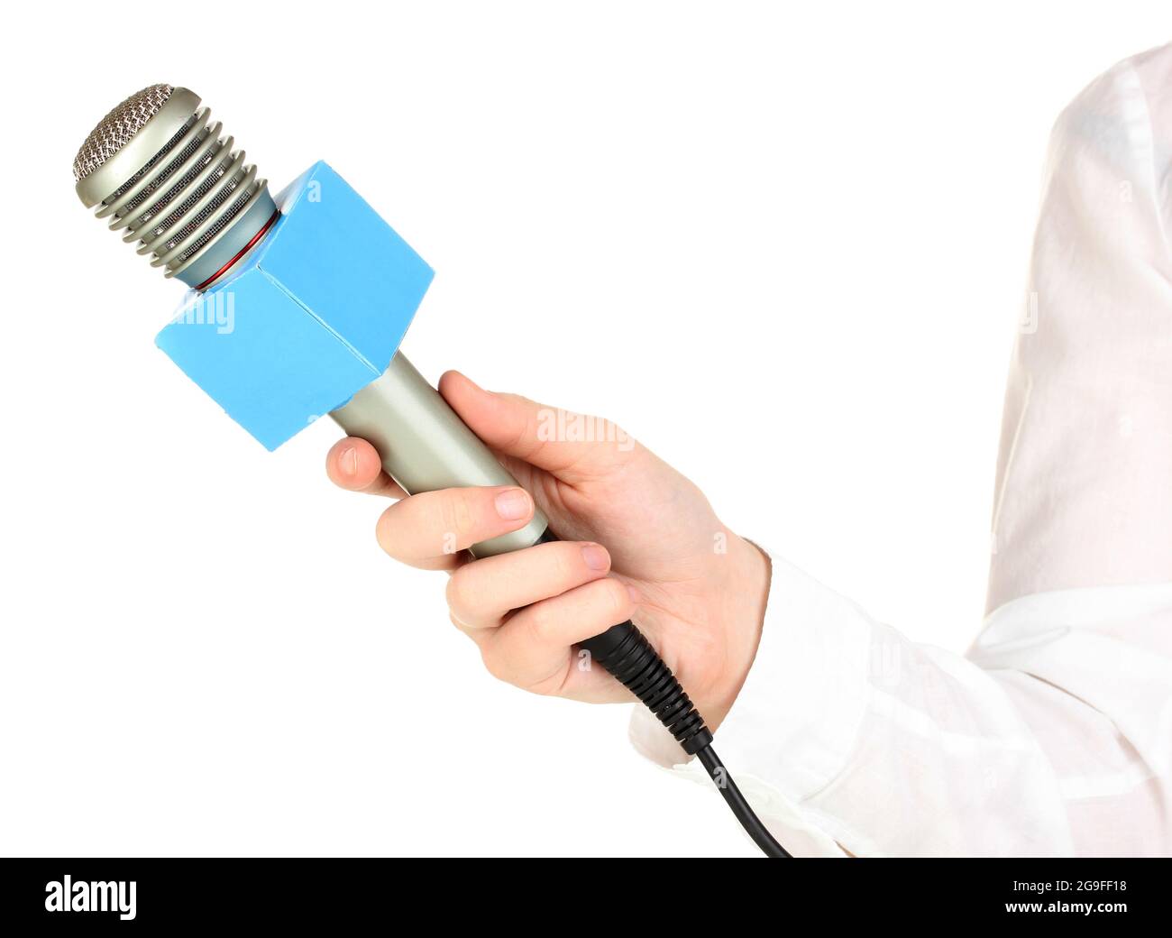 Female hand with microphone isolated on white Stock Photo - Alamy