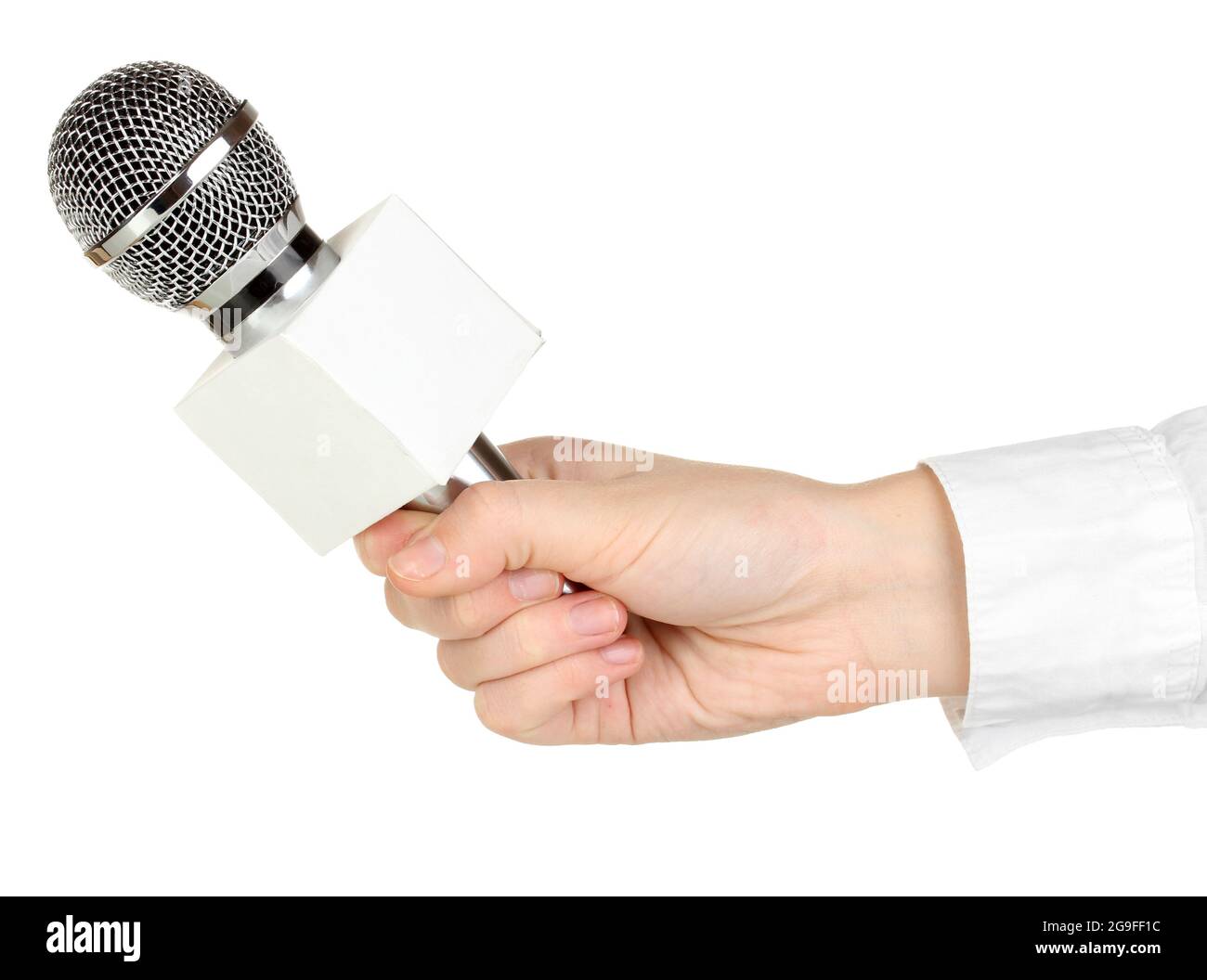 Female hand with microphone isolated on white Stock Photo - Alamy