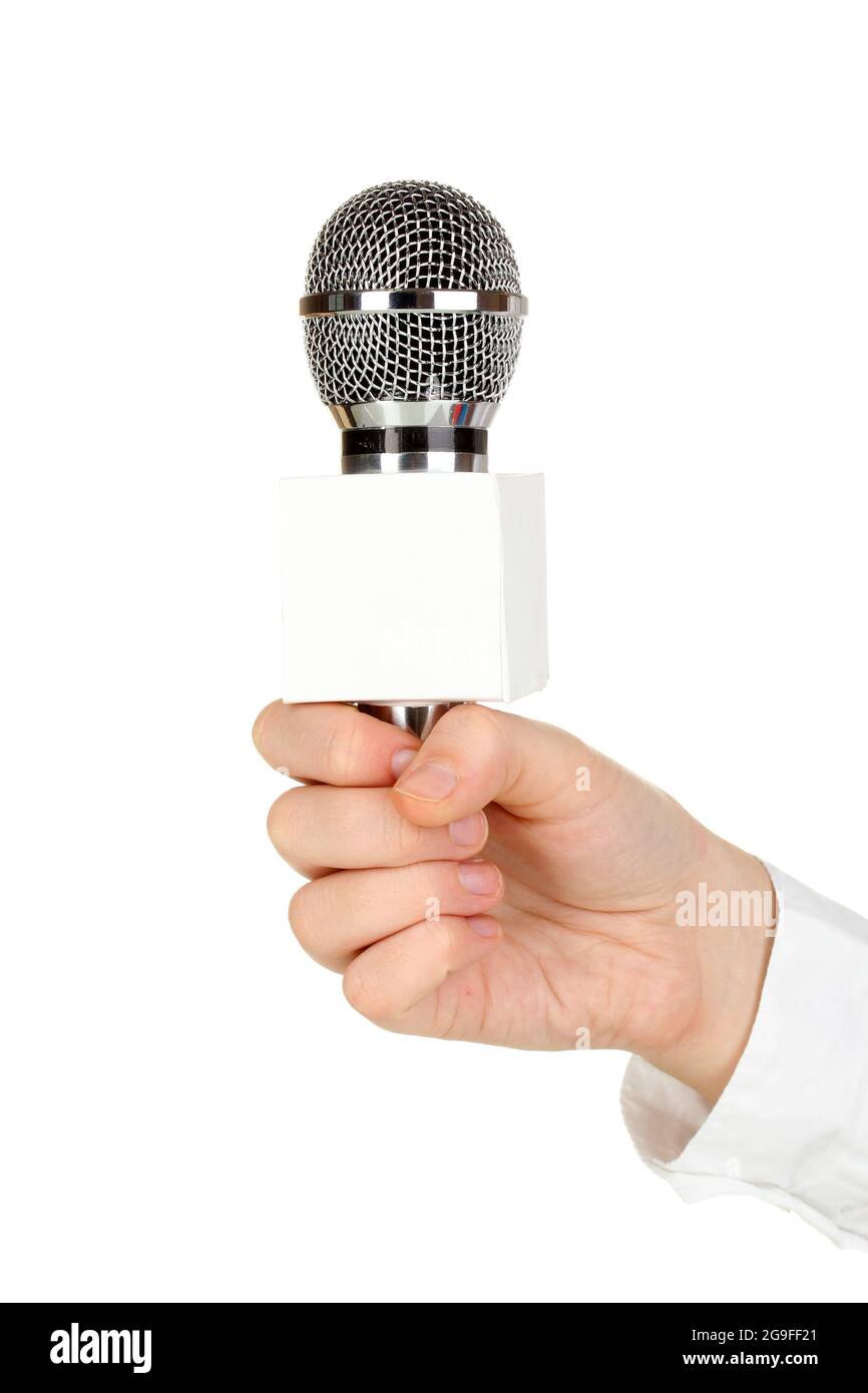 Female hand with microphone isolated on white Stock Photo - Alamy