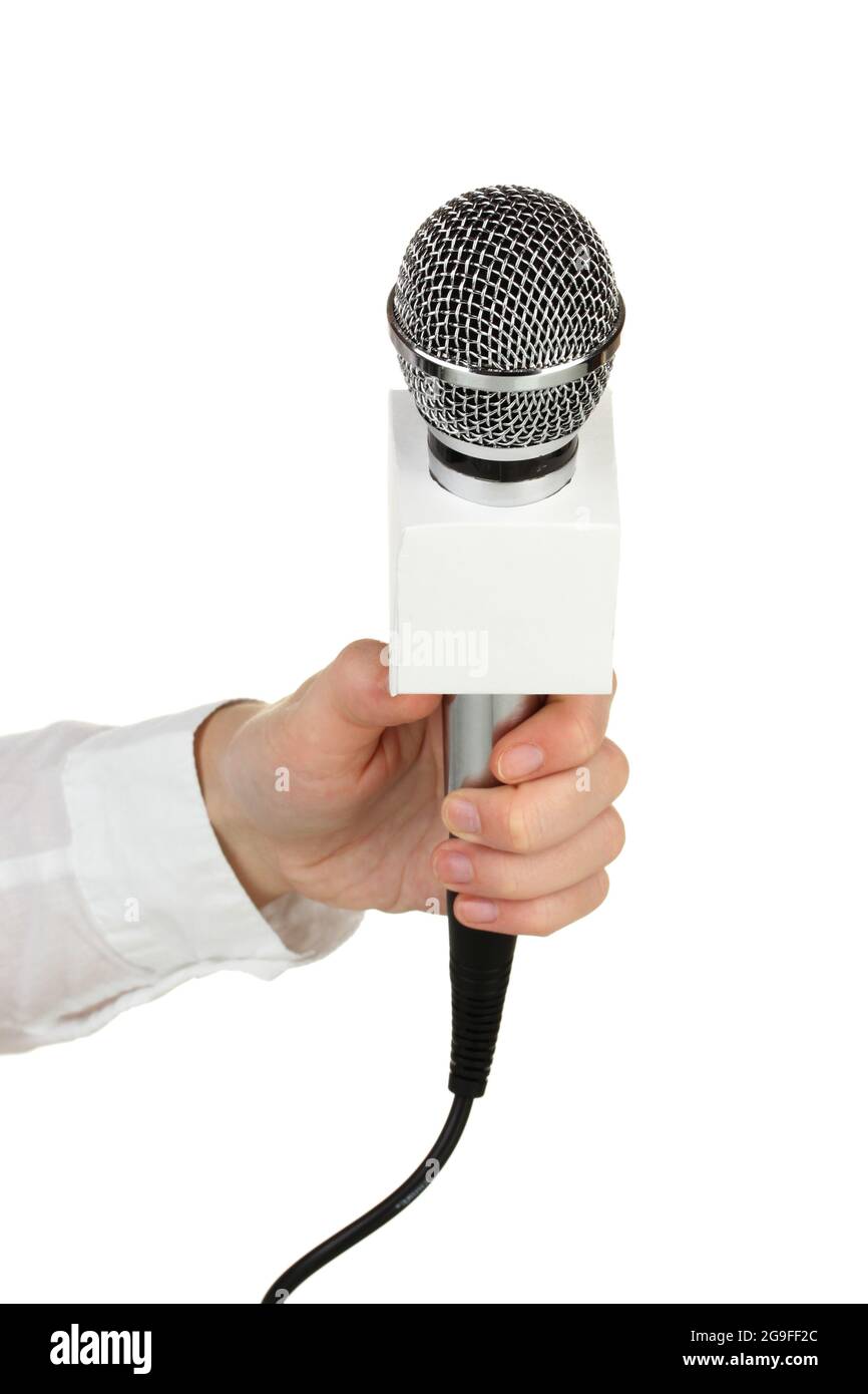 Female hand with microphone isolated on white Stock Photo - Alamy