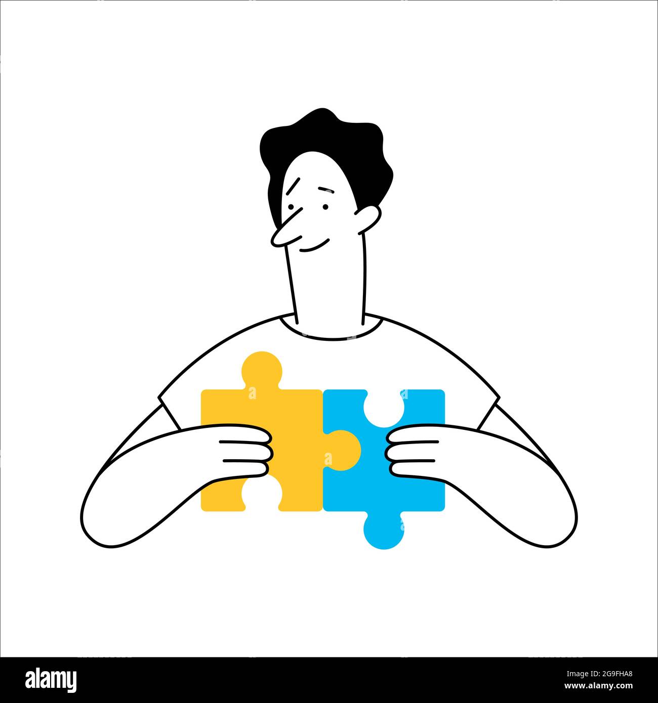 Outline cartoon man connecting puzzle elements, puzzle piece. Business ... Outline cartoon man connecting puzzle elements, puzzle piece. Business ...