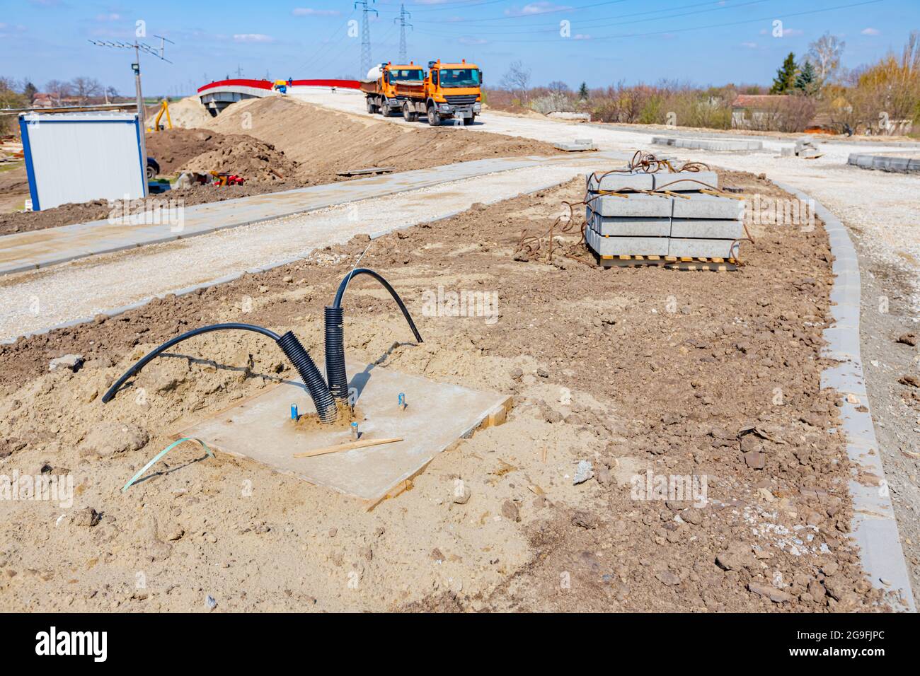 Corrugated pipe black plastic pipe with cable is coming out from the ...