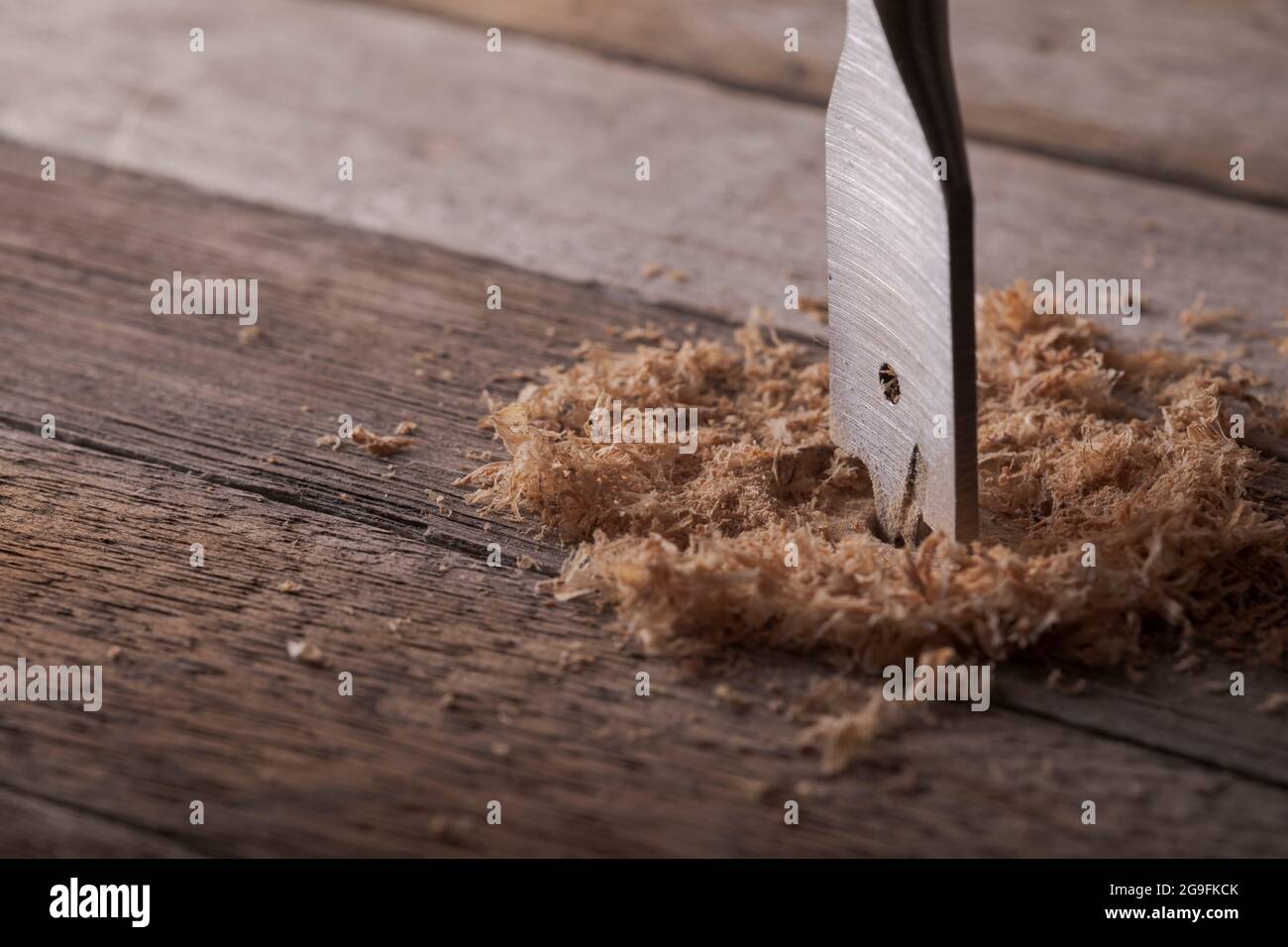 Feather wood drill bit on wooden background. Drill bit for wood on ...
