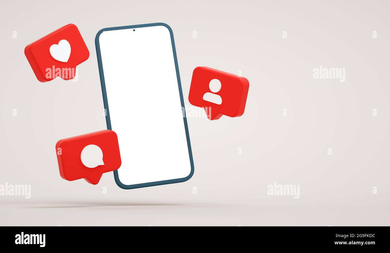 Blank screen floating phone mockup with social media notifications ...