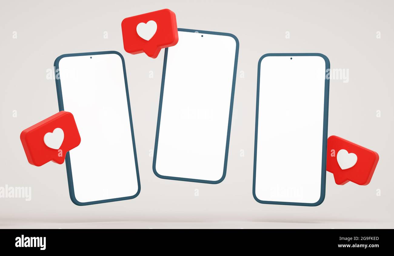 Three empty screen phone mockup with social media heart notifications ...