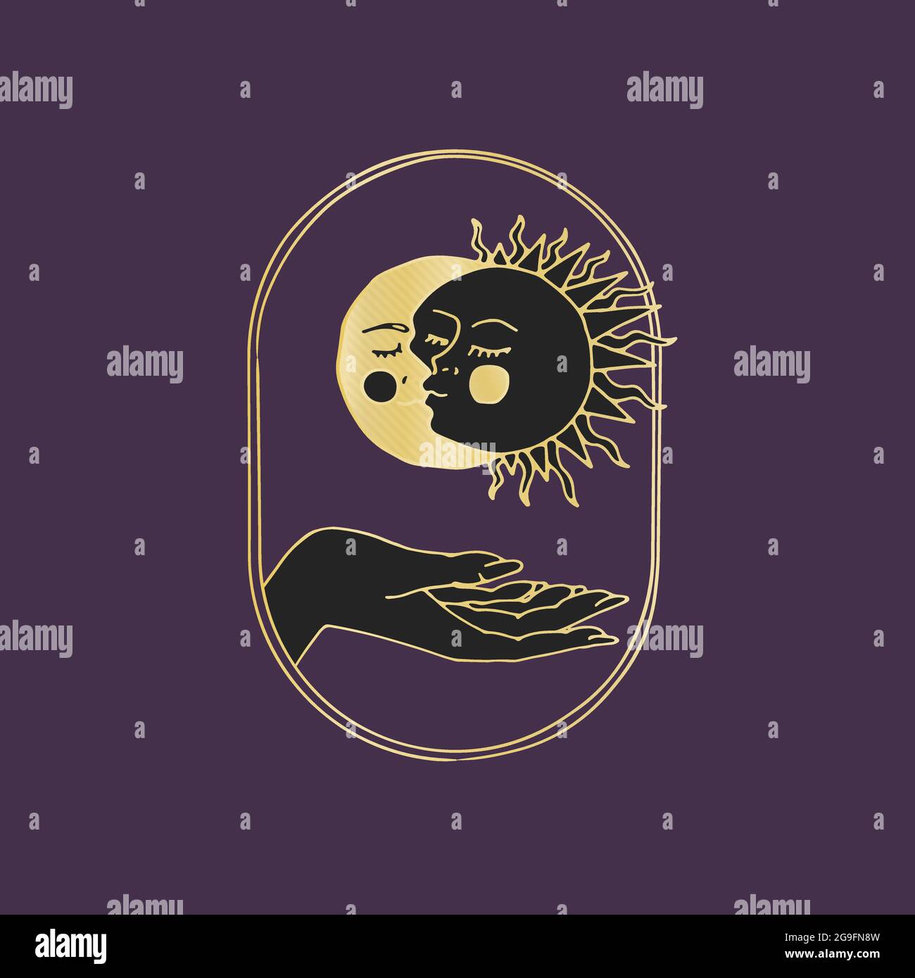 Vintage Mystic Sun and Moon Kissing illustration with decorative border ...