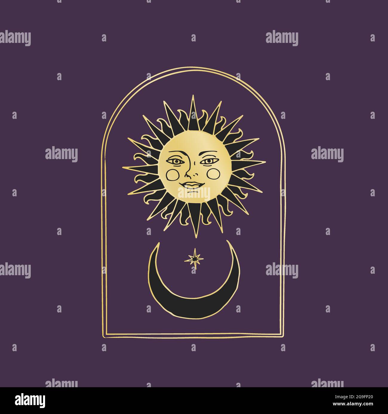 Vintage Mystic Sun and half Moon illustration with decorative arch ...